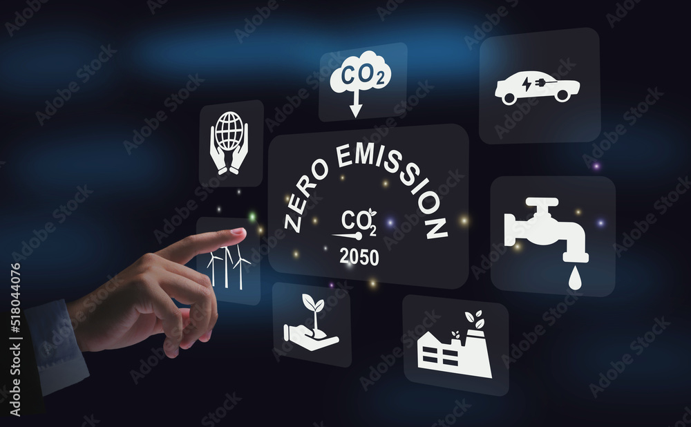 Net Zero - Businessman hand clicking virtual screen with Net Zero icon ...
