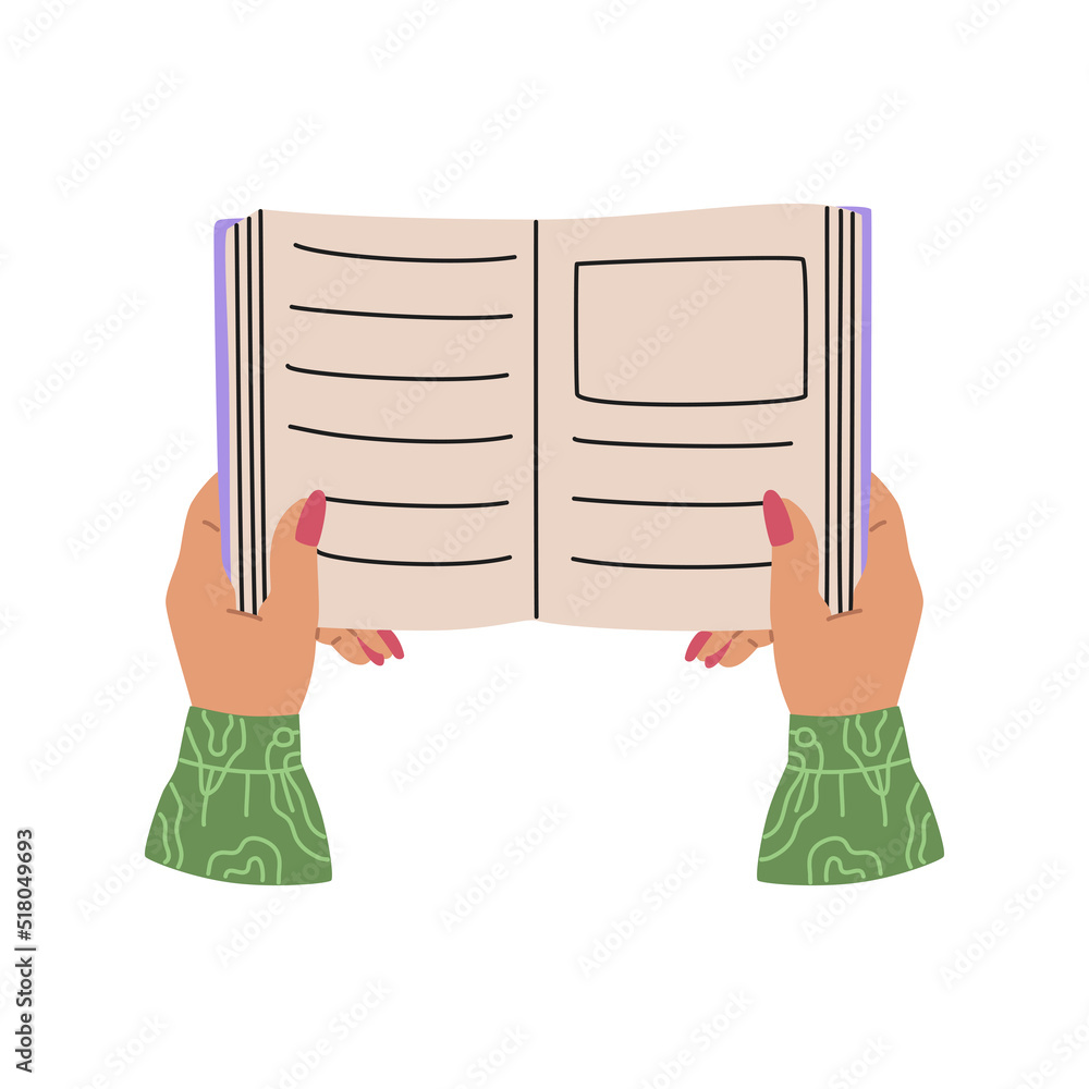 Female hands holding an open book. Read more books concept. Hand drawn ...