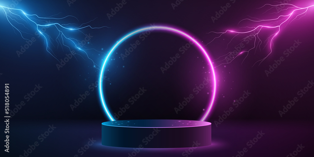 Neon scene with realistic lightning effect and glowing frame. 3D podium ...