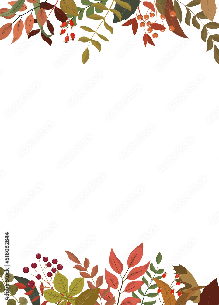 Autumn rustic forest leaves and greenery border frame. Seasonal bright ...