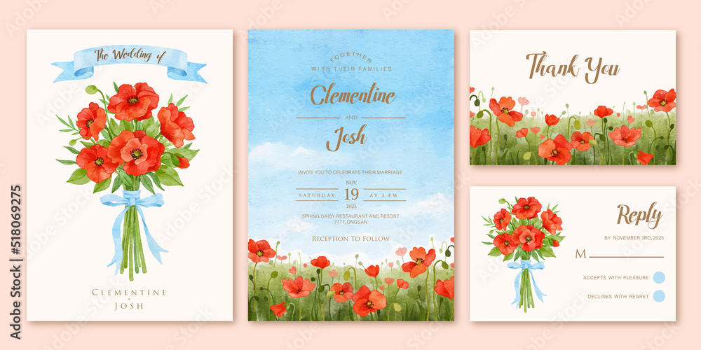 Watercolor red poppy flower bouquet landscape wedding invitation set ...