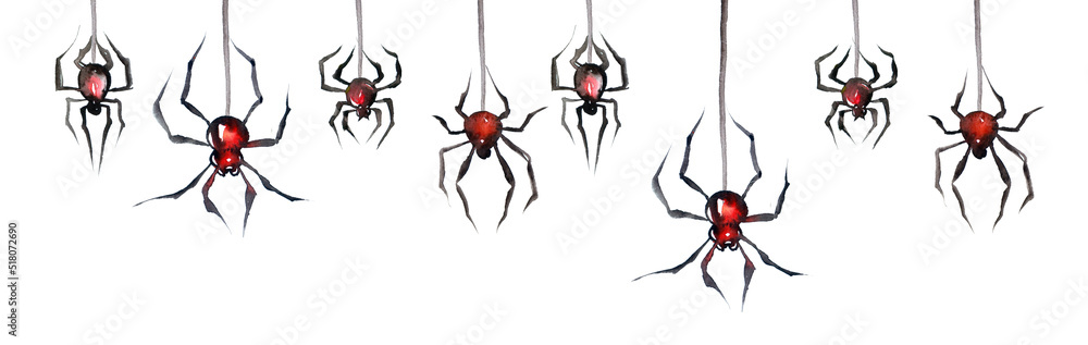 Set of watercolor painted funny cartoon spiders. For the design of ...