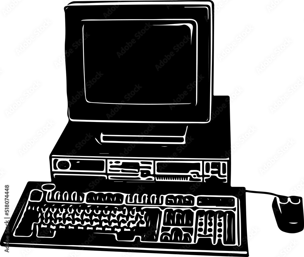 silhouette of old retro computer, sketch drawing of vintage model of ...