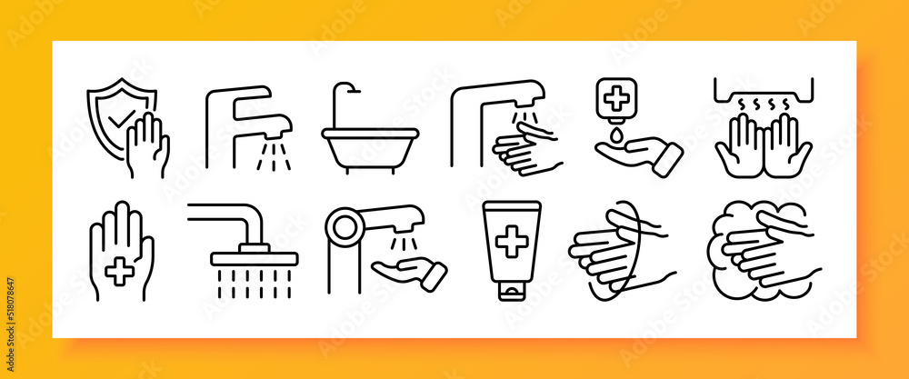 Personal hygiene set icon. Water procedures, wash hands, shower, shield ...