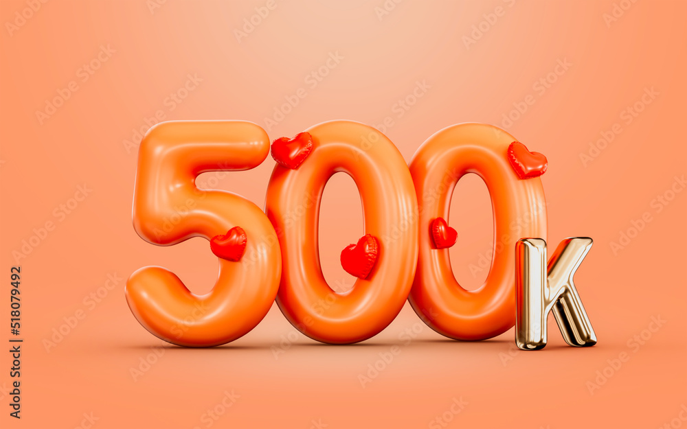 500k follower celebration orange color number with love icon 3d render ...