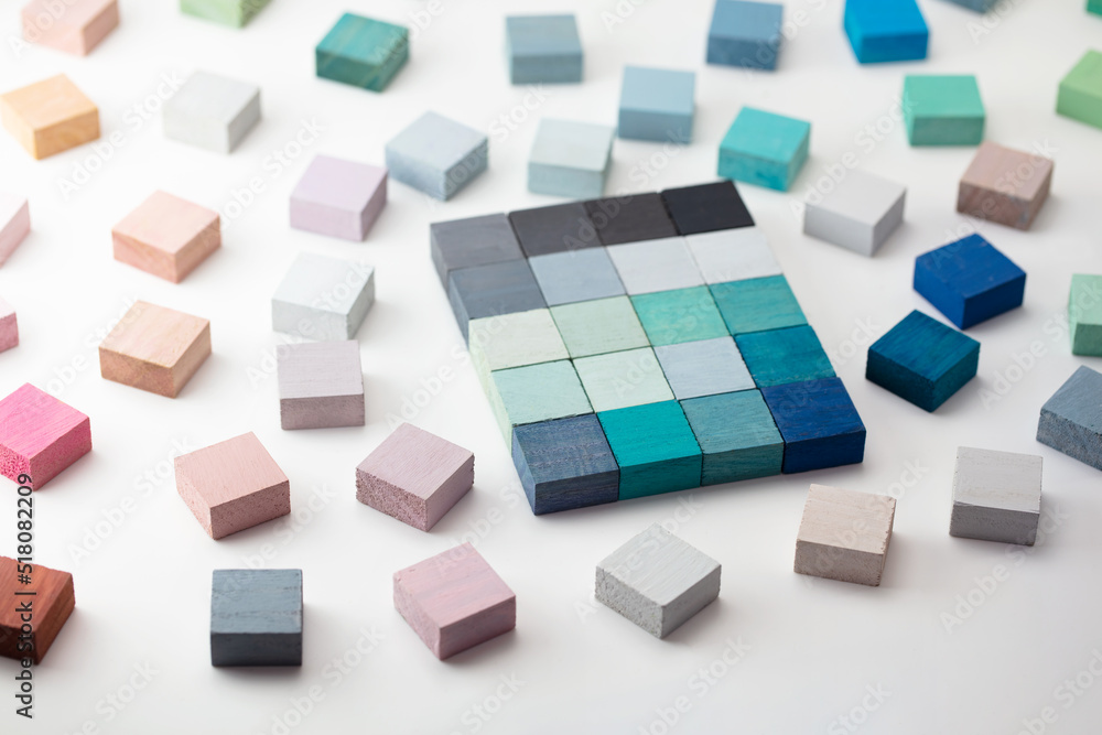 Color selection. Grey and light blue color sample cubes arranged on a ...