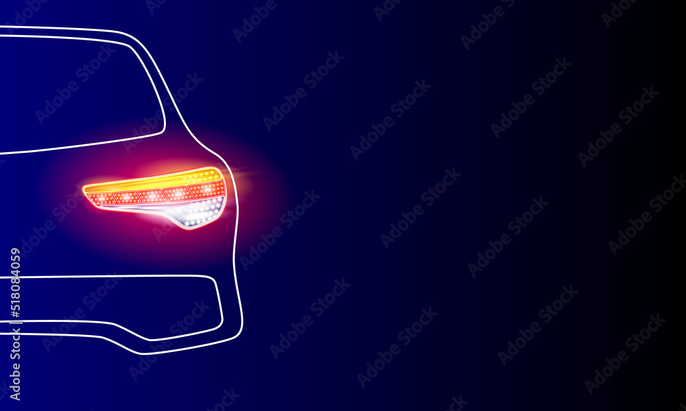 The headlights of a modern car. Bright red light from stop headlights ...