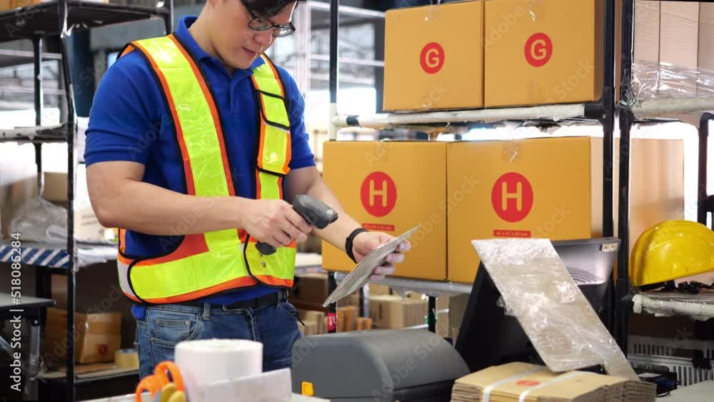 Warehouse worker checking cardboard boxes on shelves in factory ...