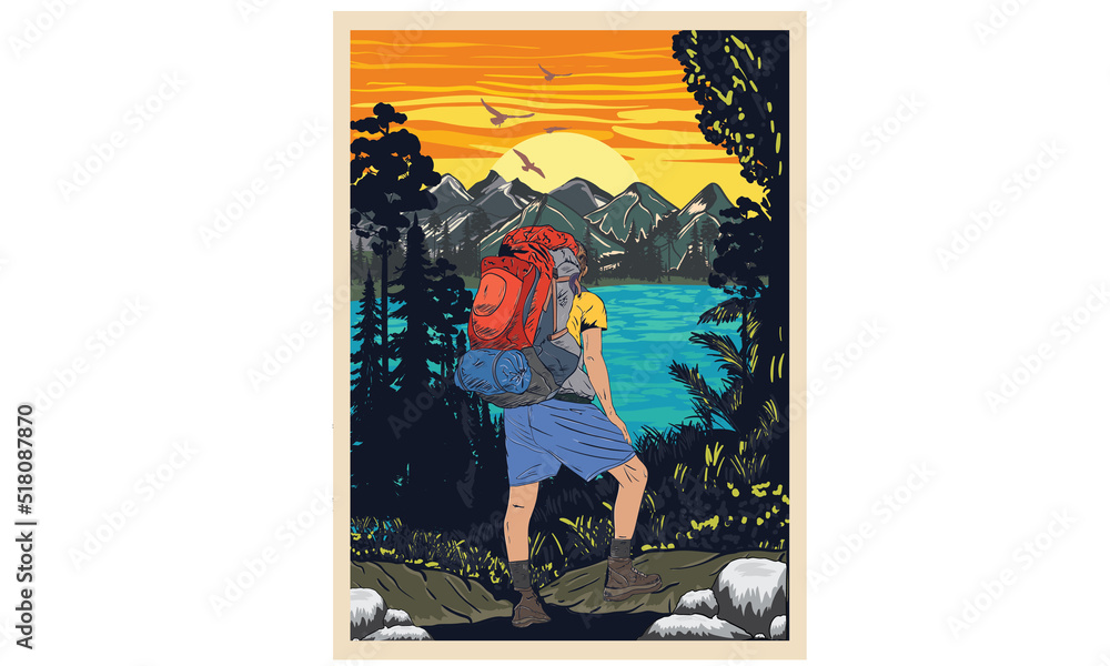Mountain adventure. Hike adventure vector print design. Wild lake ...