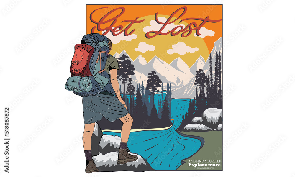 Mountain adventure. Hike adventure vector print design. Wild lake ...