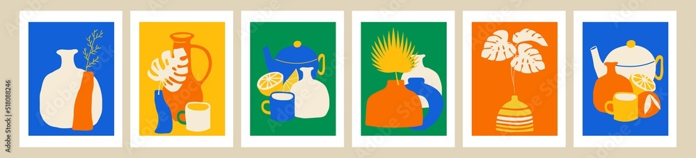 Set of 6 hand painted posters featuring a variety of ceramic vases ...
