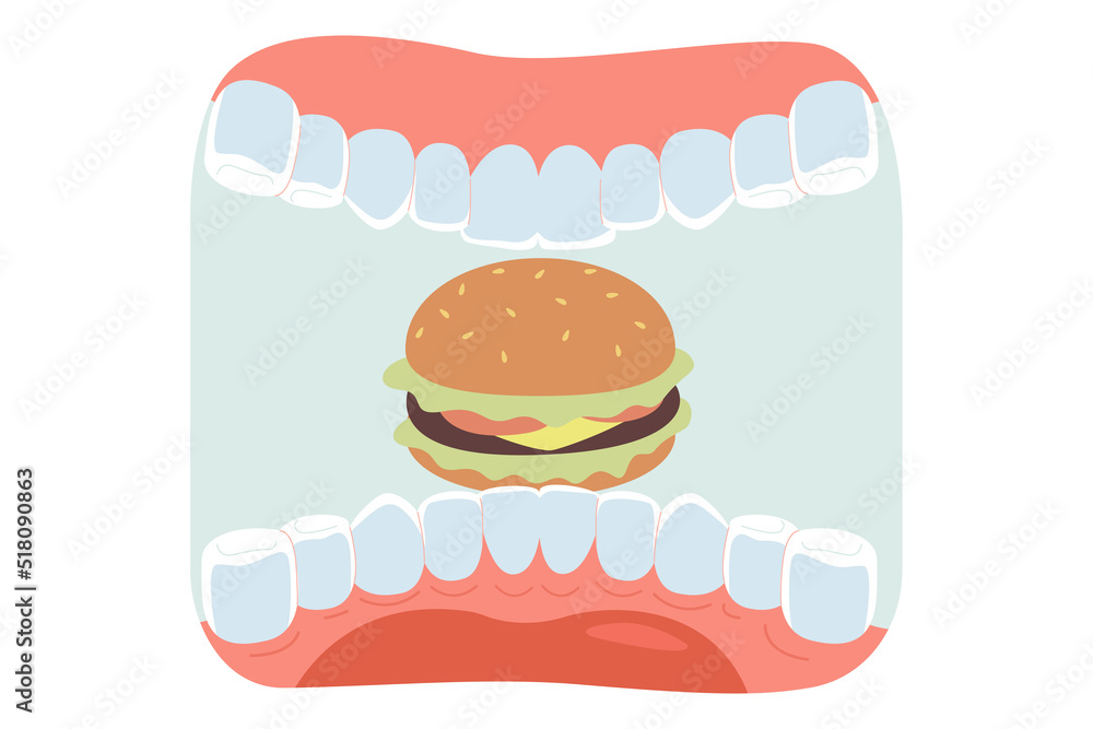 Burger in mouth flat vector illustration. Hungry person eating ...