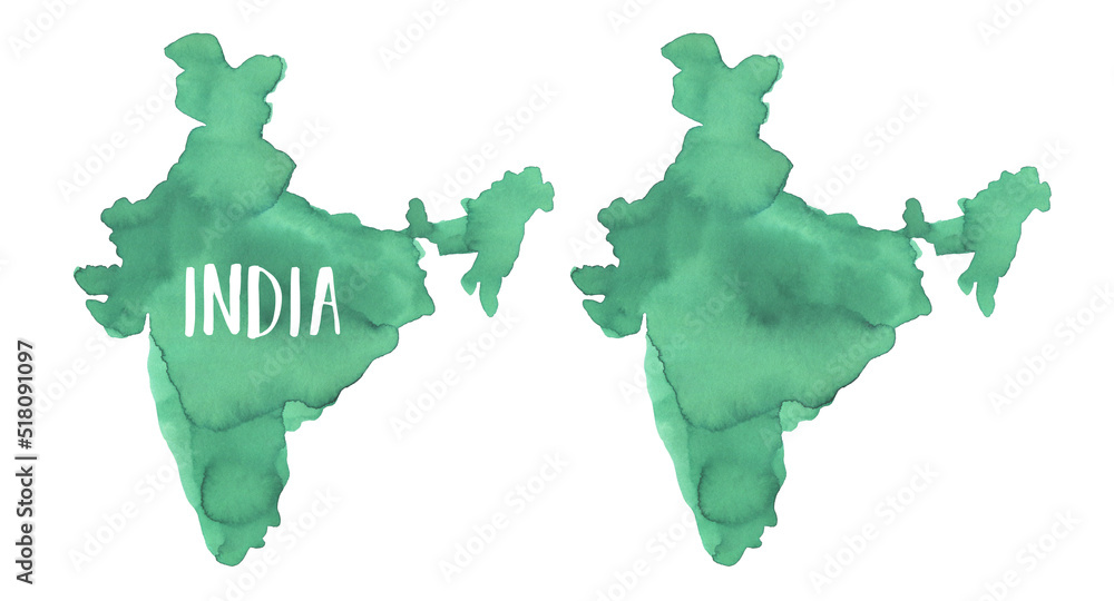 Watercolour illustration set of India Map Silhouette in green color in ...