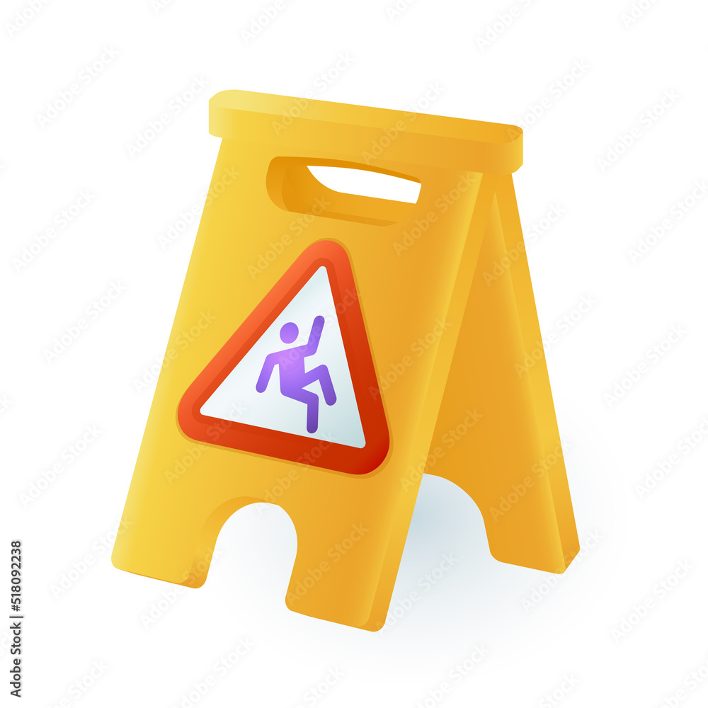 Yellow slippery floor surface sign 3D icon. Wet floor caution or ...