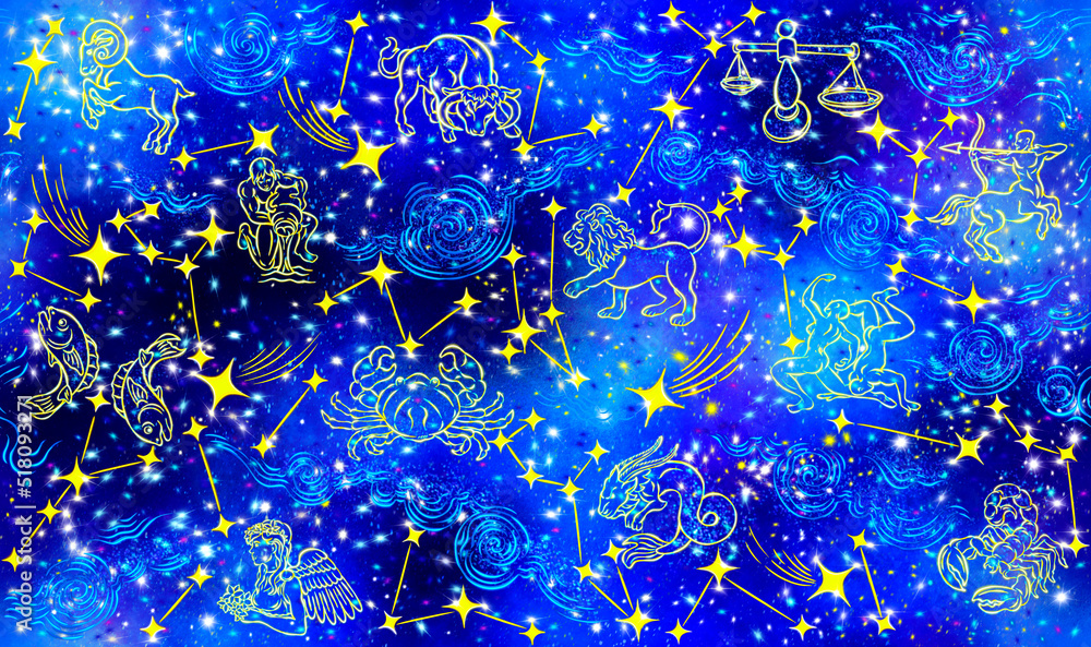 Seamless pattern of the starry sky. Zodiac signs and stars in space ...