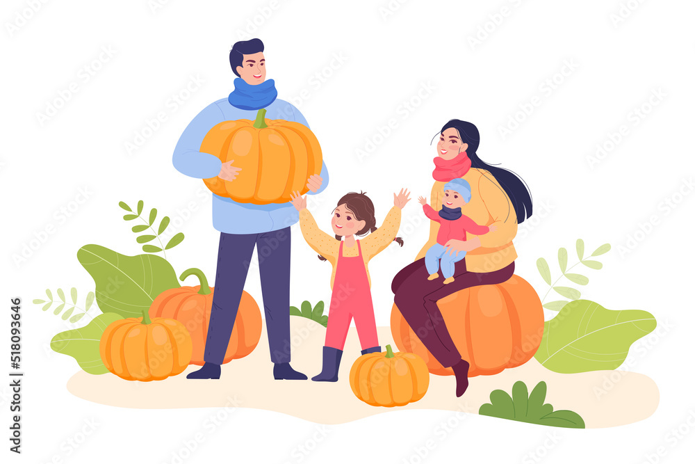 Cartoon parents with kids sitting on big pumpkins. Happy people, mother ...