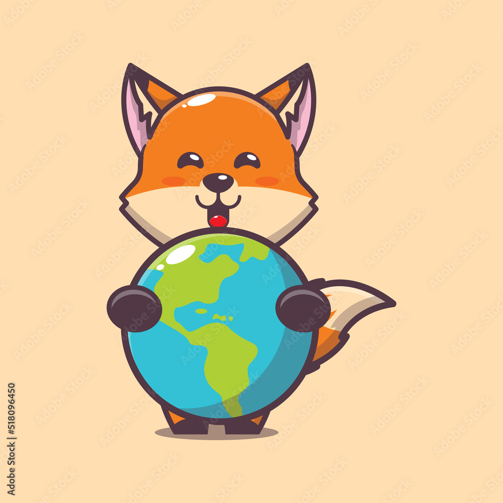 Cute fox cartoon vector illustration hugging earth Stock Vector | Adobe ...