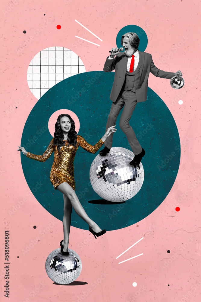 Vertical poster collage photo of two people sing dance wear glamour ...