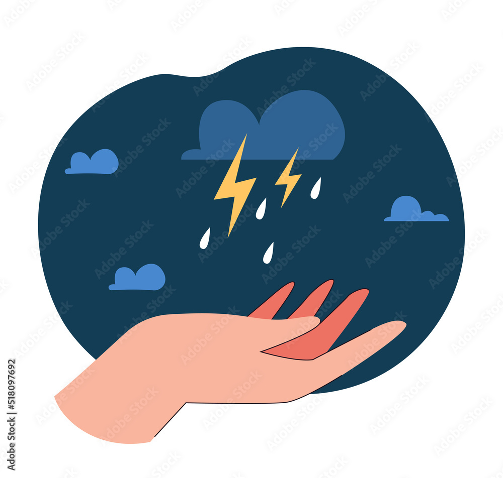Human hand and cloudy sky with lightning and rain. Thunder as symbol of ...