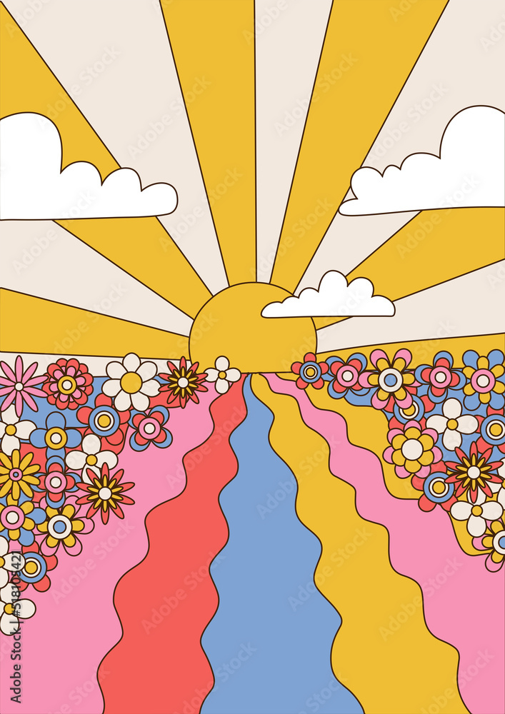 Psychedelic Art Landscape with sunset, sky and flower field, 1960s ... Psychedelic Art Landscape with sunset, sky and flower field, 1960s ...