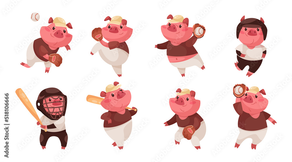Pig cartoon character playing baseball vector illustrations set. Cute ...