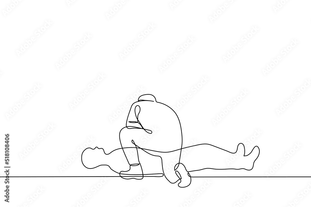 man bent over a lying person - one line drawing vector. concept rescuer ...