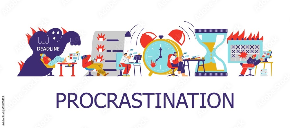 Procrastination banner, people break deadlines and are lazy to work ...