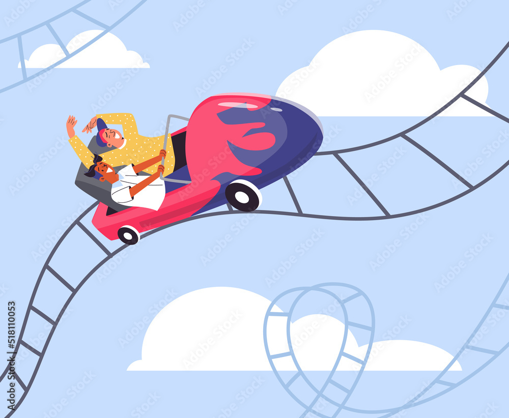 Happy young guys riding roller coaster, flat cartoon vector ...