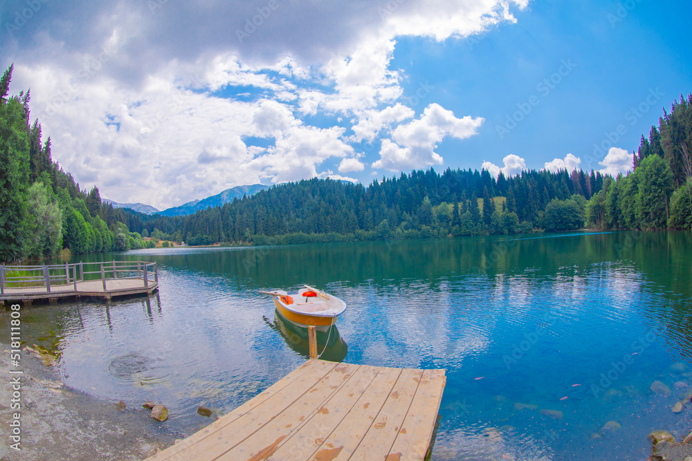 Savsat Karagol Black lake in Black Sea region with morning evaporation ...