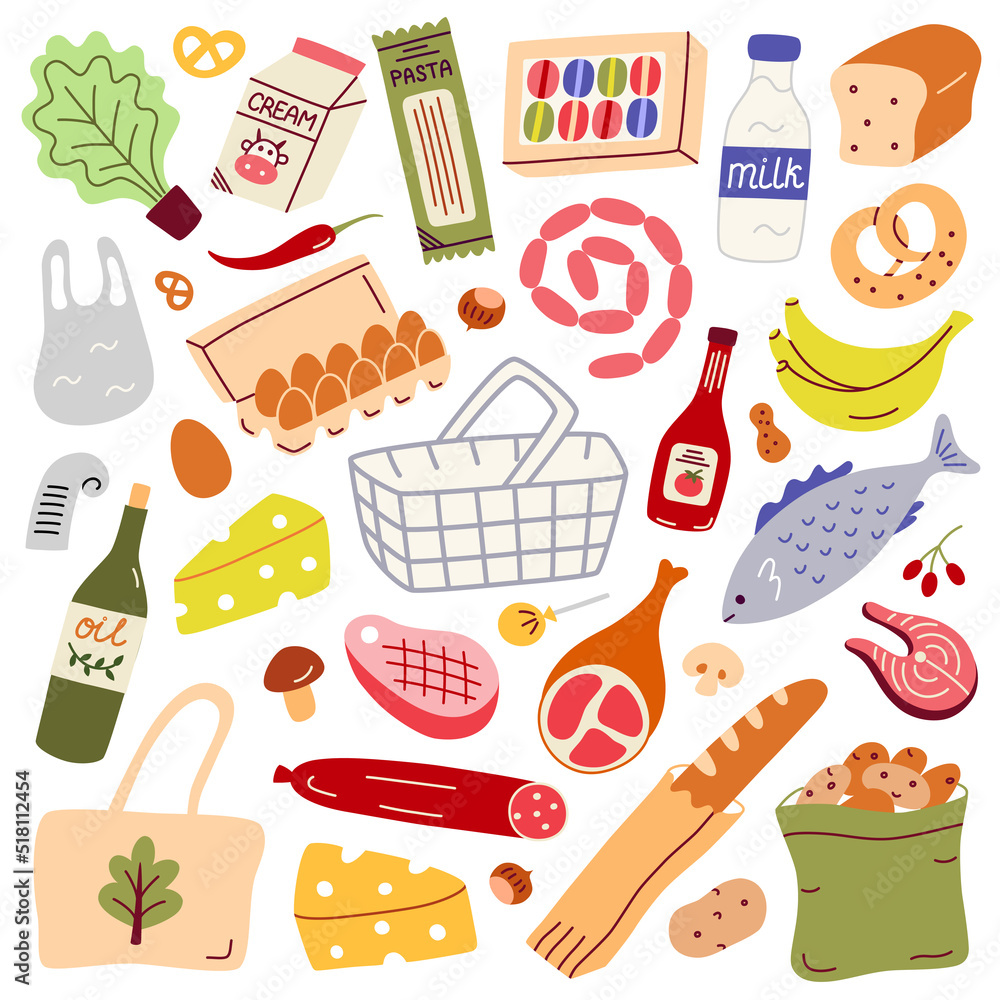 Grocery food collection, supermarket products icons, vector doodle ...