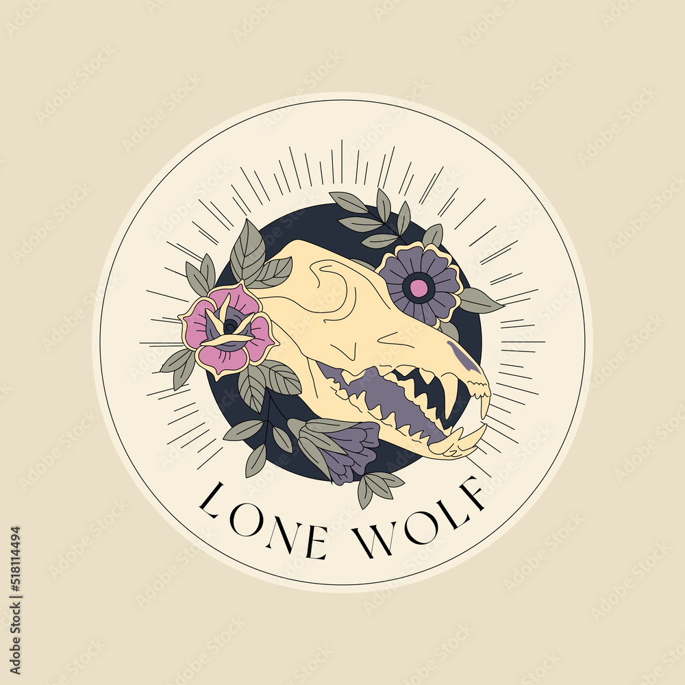 Wolf Skull With LONE WOLF Text And Flowers Stock Vector | Adobe Stock