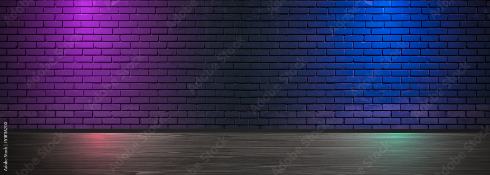 1980's style retrowave brick wall background with blue and purple light, photo studio, night ...
