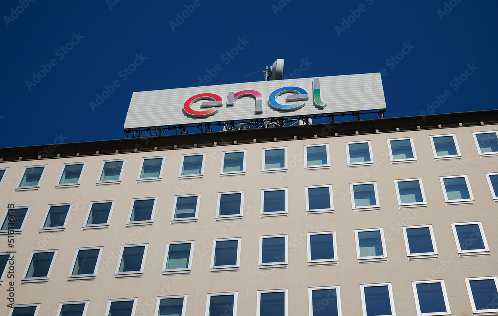 The logo sign of Enel power energy electricity company headquarters ...