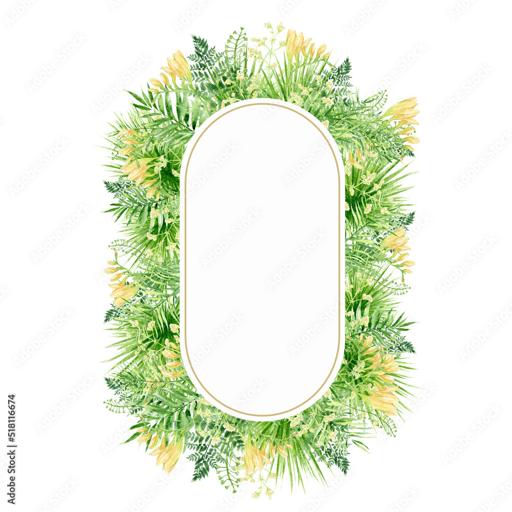 Watercolor tropical leaves oval frame, floral greenery trendy Hand ...