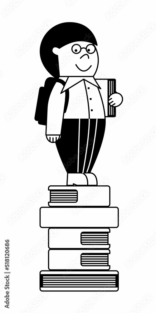 An erudite schoolboy stands on a pile of books. Beginning of the school ...
