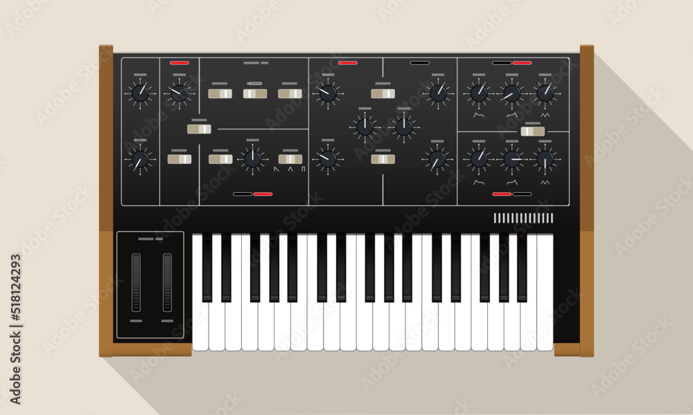 Realistic compact analog synthesizer with wood finish. An old ...