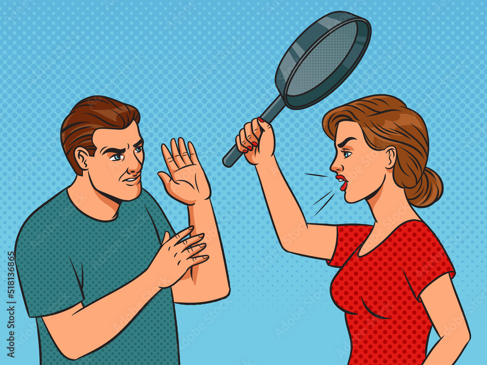 Family quarrel. Wife hits her husband on head with frying pan pop art ...