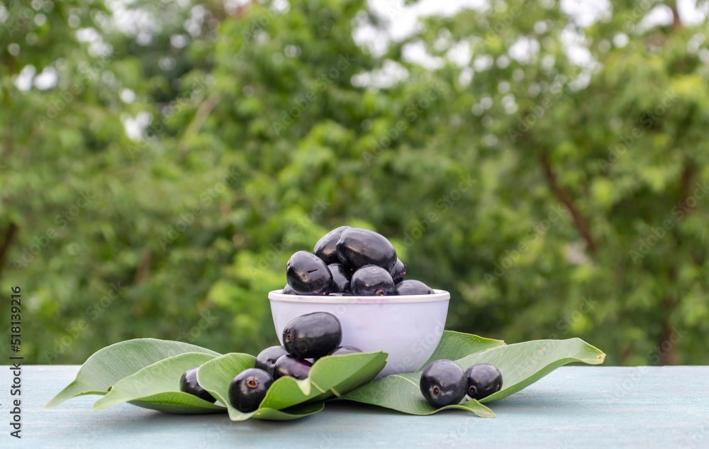 Jamun or Syzygium Cumini in a Bowl with Leaves Isolated on Wooden ...