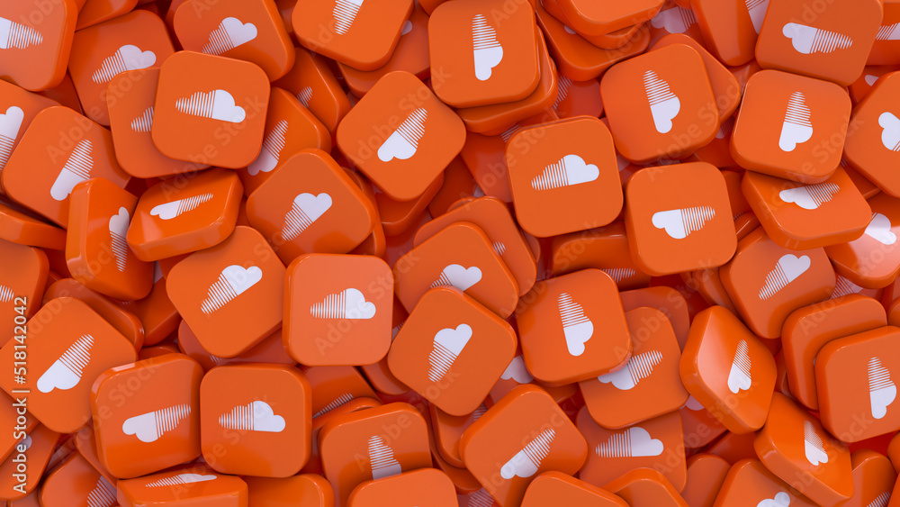 3D rendering of a bunch of soundcloud square badges in a close up view ...