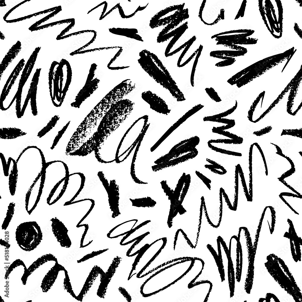 Black swirl charcoal strokes vector seamless pattern. Hand drawn ...