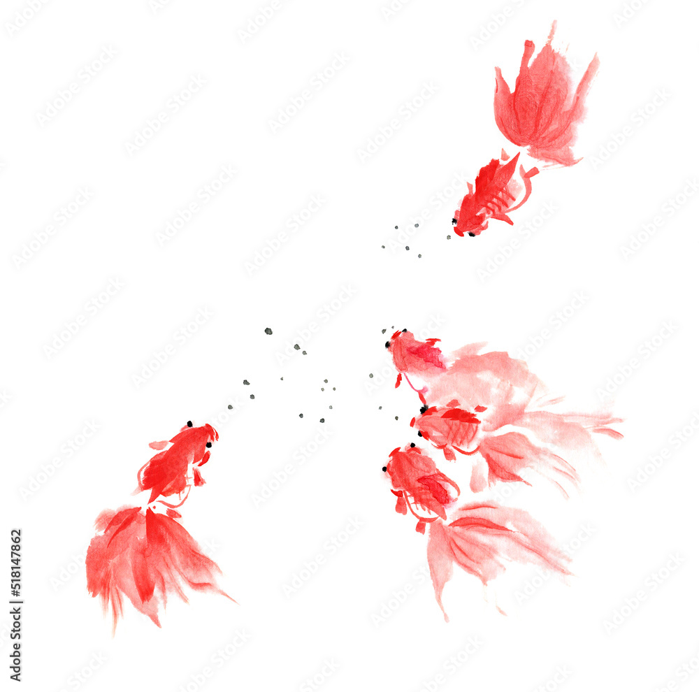 Red fishes on white. Ink painting Sumi e. Koi fish or carps. Sumi e ...