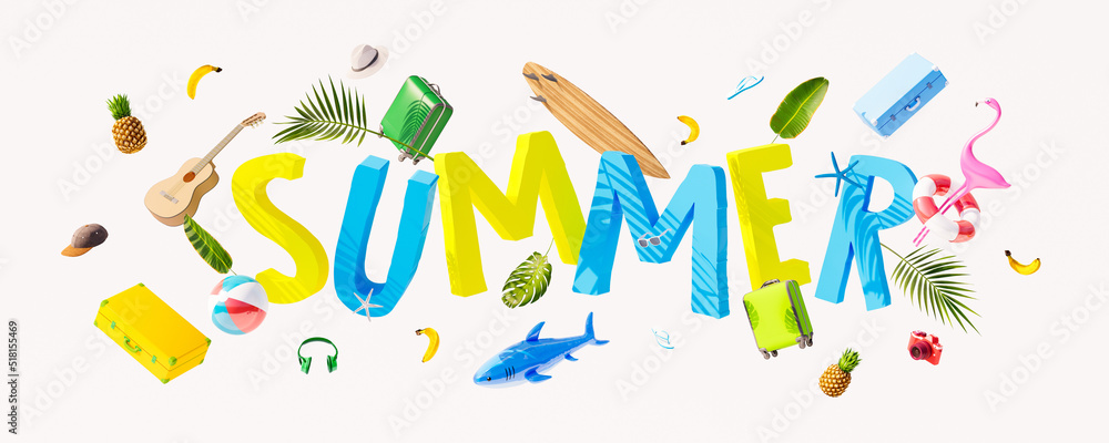 Colorful summer text with flying beach accessories on white background ...