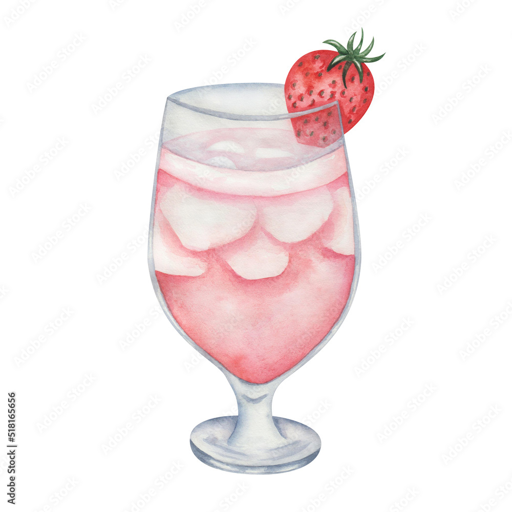 Watercolor illustration of hand painted pink cocktail in glass with red ...
