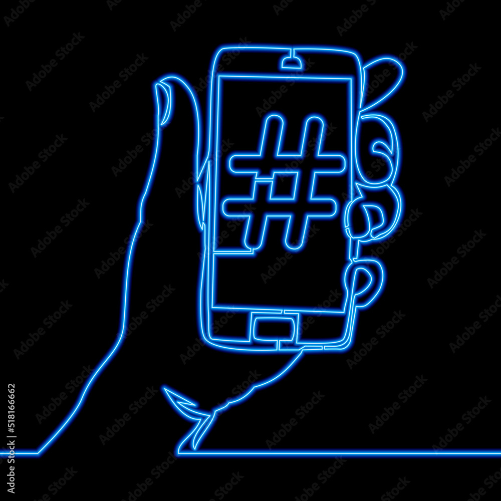 Continuous line drawing hand hold a phone showing a hash tag icon neon ...
