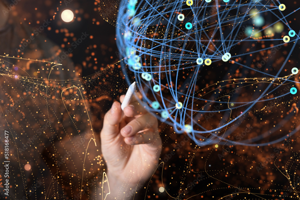 Global network. Blockchain. 3D illustration. Neural networks and ...