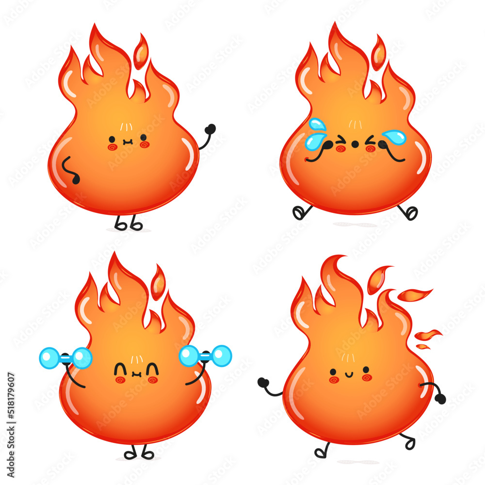 Funny cute happy fire characters bundle set. Vector hand drawn doodle ...