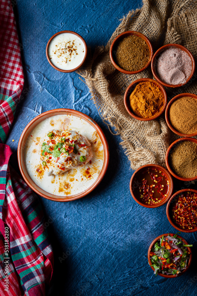 Traditional subcontinental street snack food chickpeas potato pani puri ...