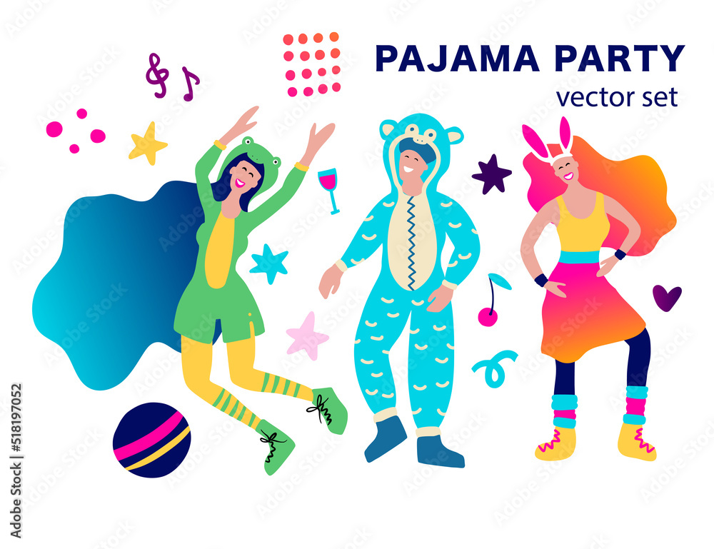 80's style funky girl and puppy dog home pajama party clip art vector ...