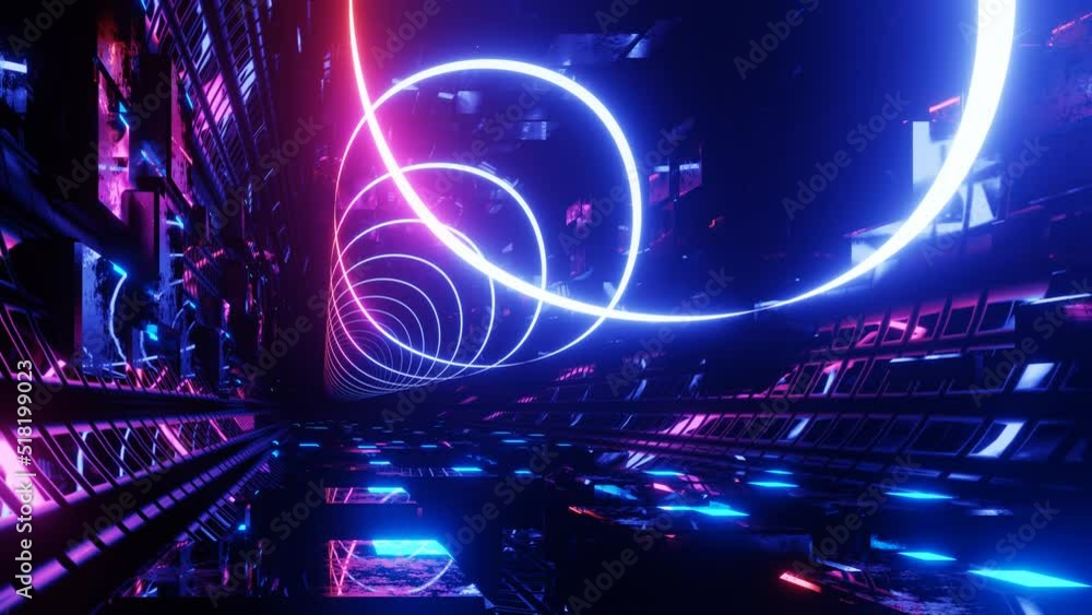 Vídeo do Stock: 80's neon light style flight. Hi-tech neon sci-fi tunel ...