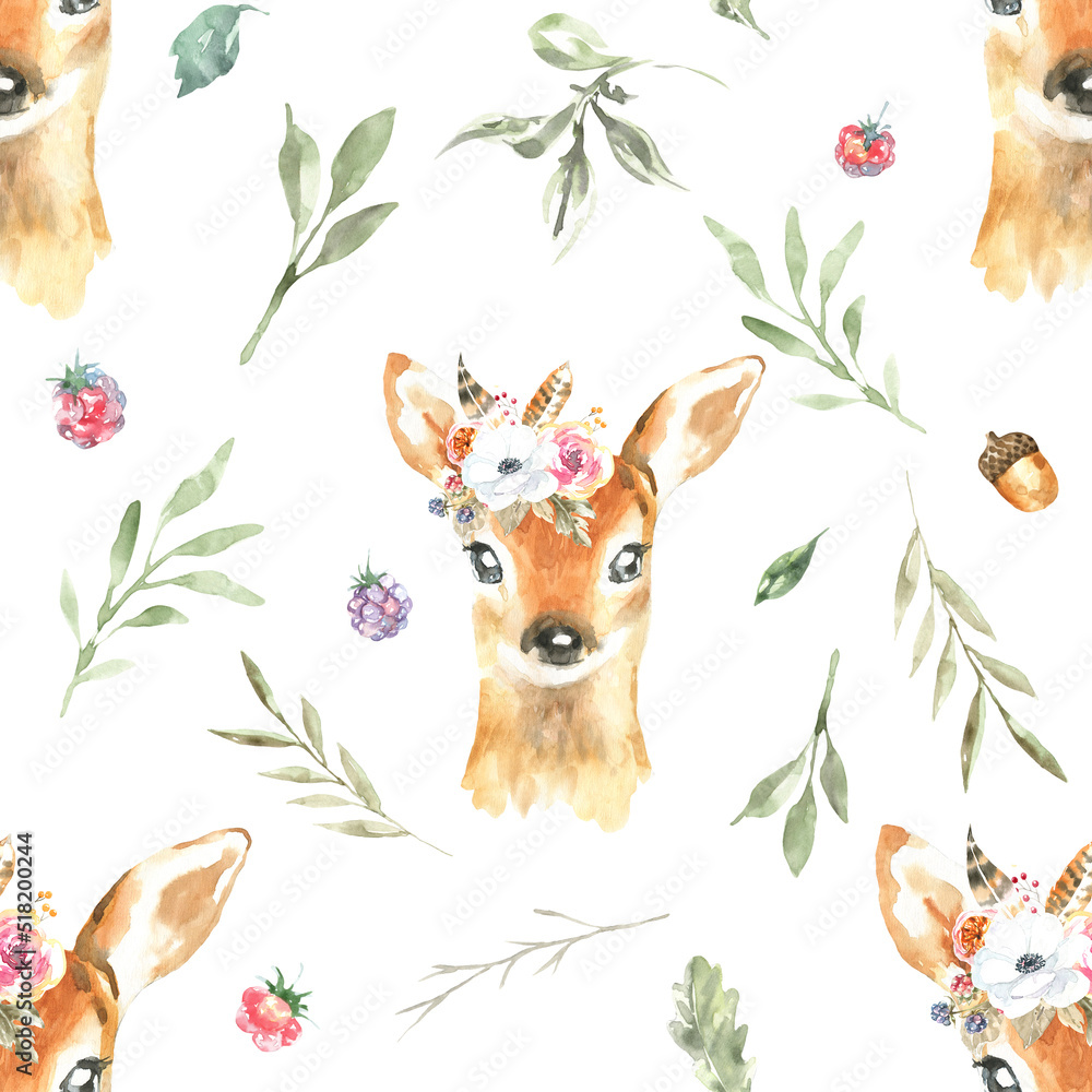 Watercolor woodland Deer,fawn animals nursery cute seamless pattern ...